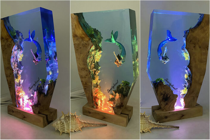 Jellyfish Resin Night Light | Gifts for Scuba diver | Wood Resin Lamp ...