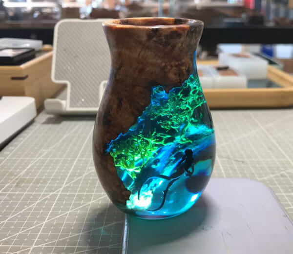 Wood Resin Vase , Ocean Resin Lamp, Ocean Resin Vase, Gift for Scuba ...
